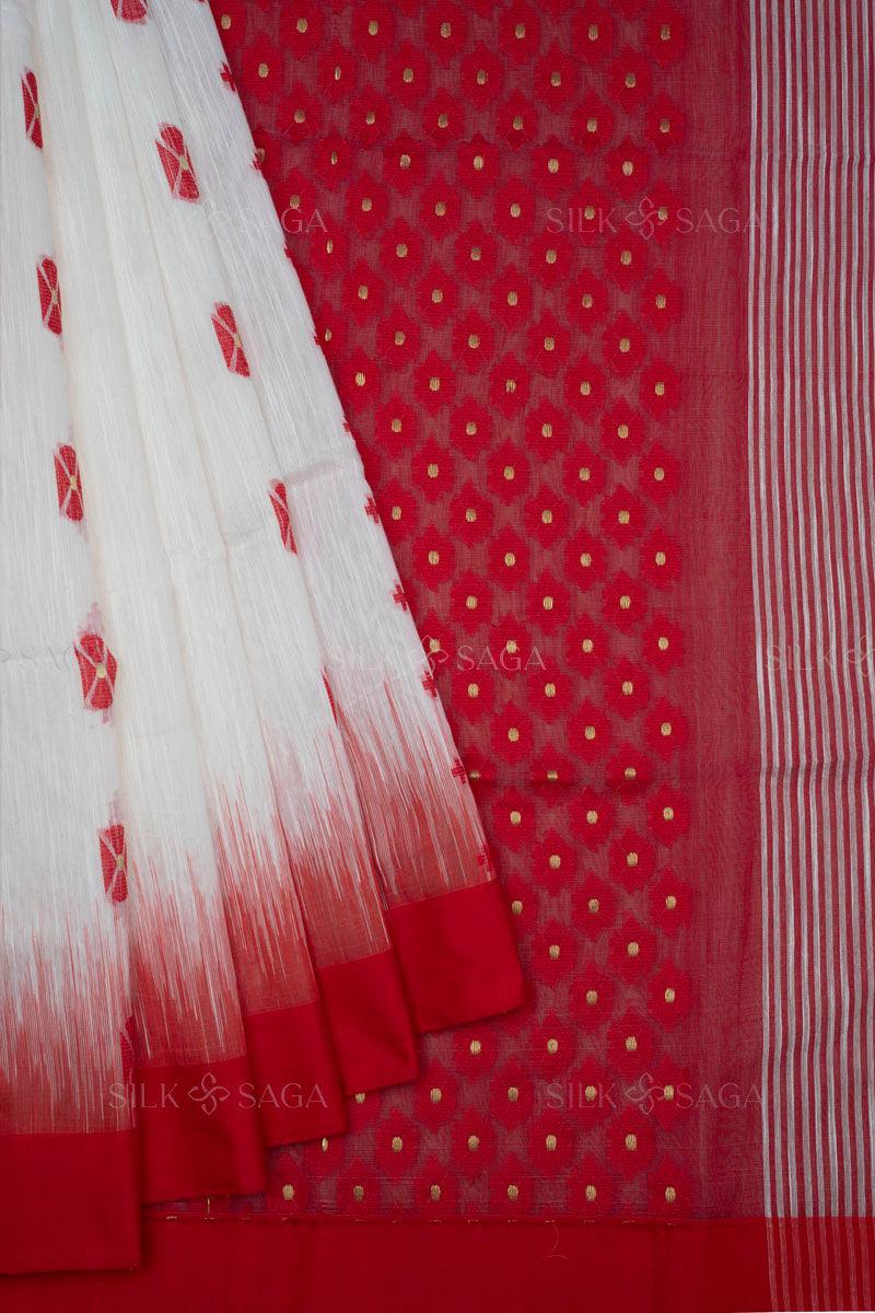 Pure Resham Kesh White and Red Saree with Resham Hand Work – Silksaga ...